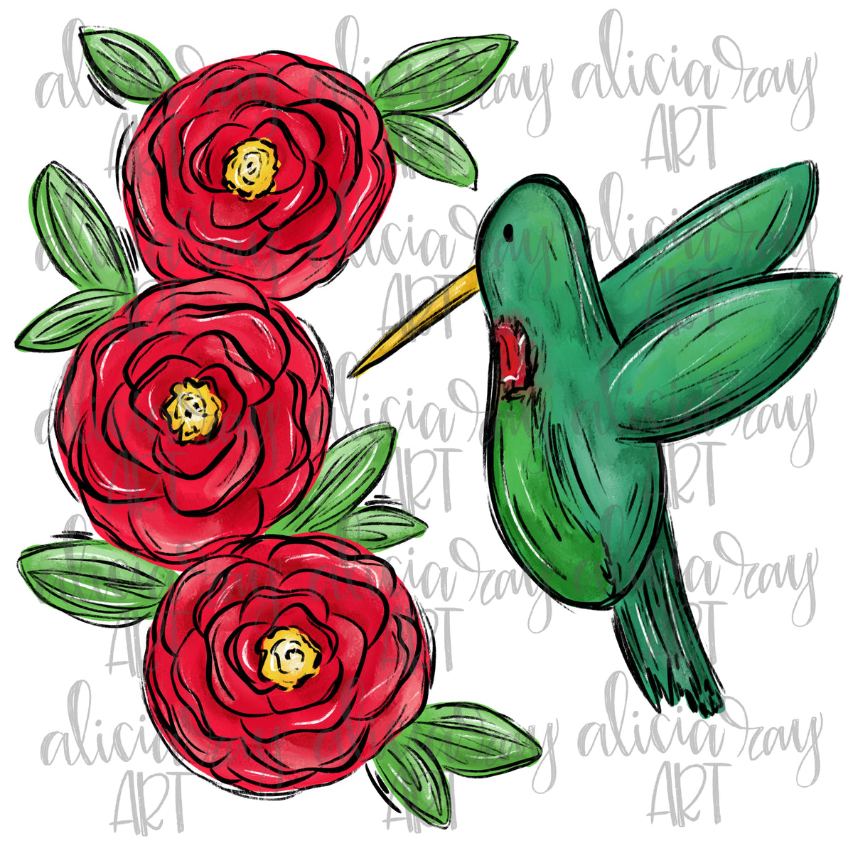 Hummingbird with Flowers – Alicia Ray Art