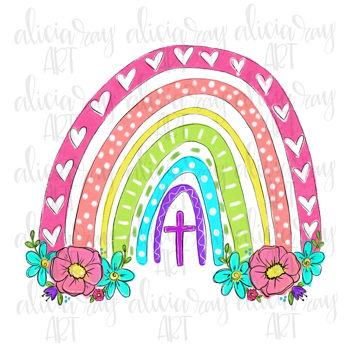 Rainbow with flowers and cross – Alicia Ray Art