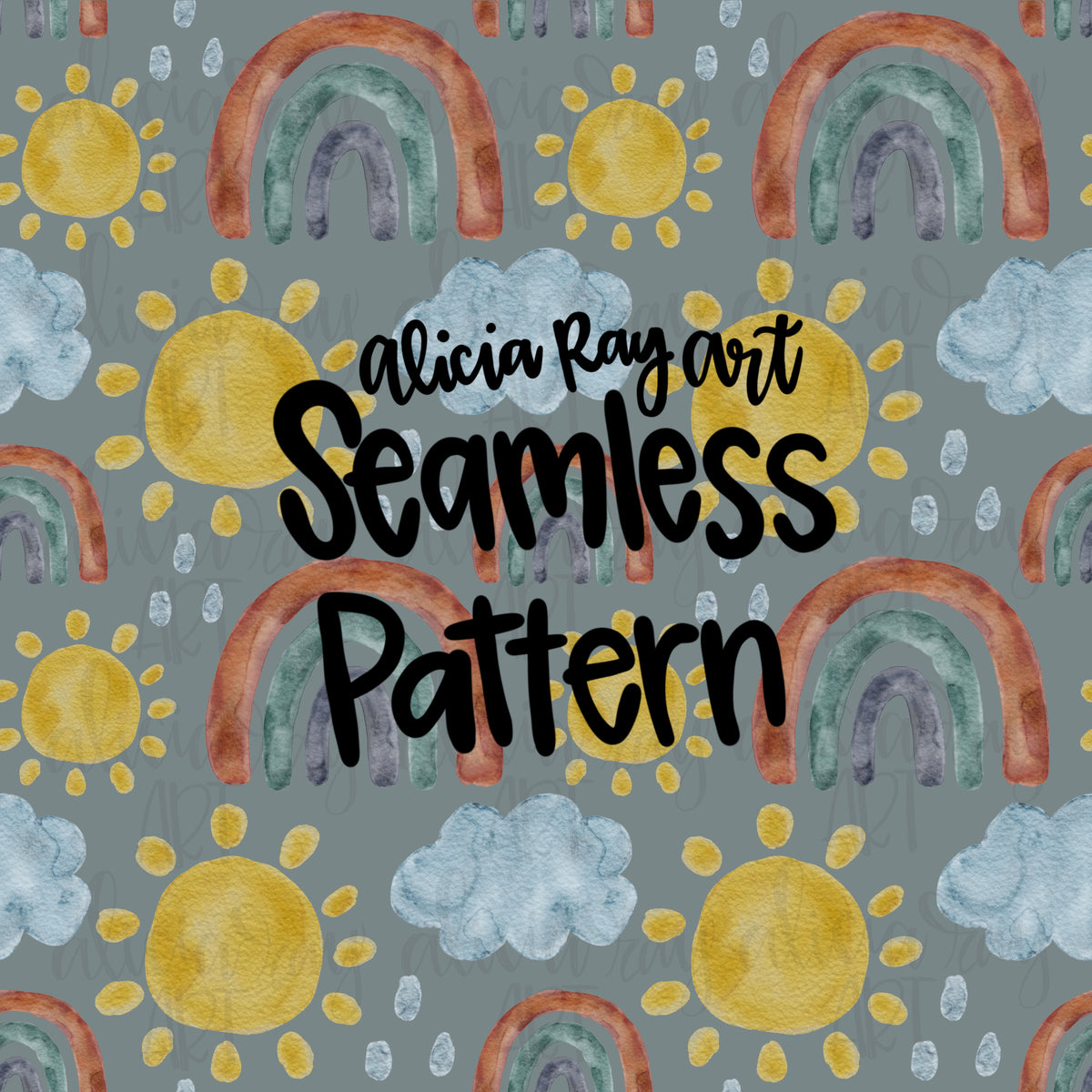 Watercolor Rainbows Sunshines And Clouds Seamless Pattern – Alicia Ray Art