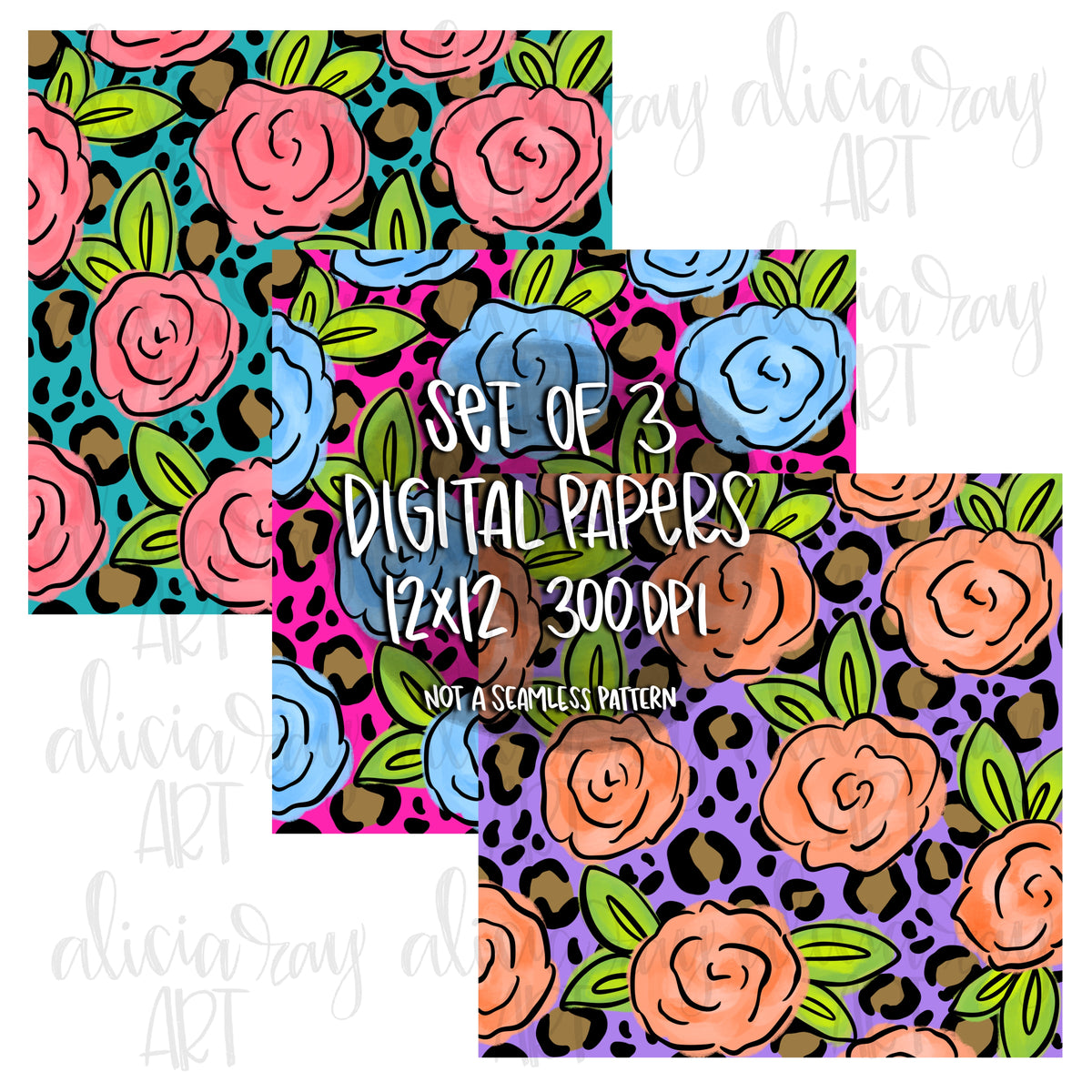 Set of 3 Floral Leopard Digital Papers – Alicia Ray Art